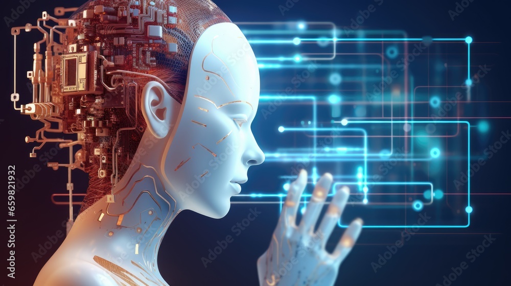 White cybernetic cyborc robot and artificial intelligence human machine ...