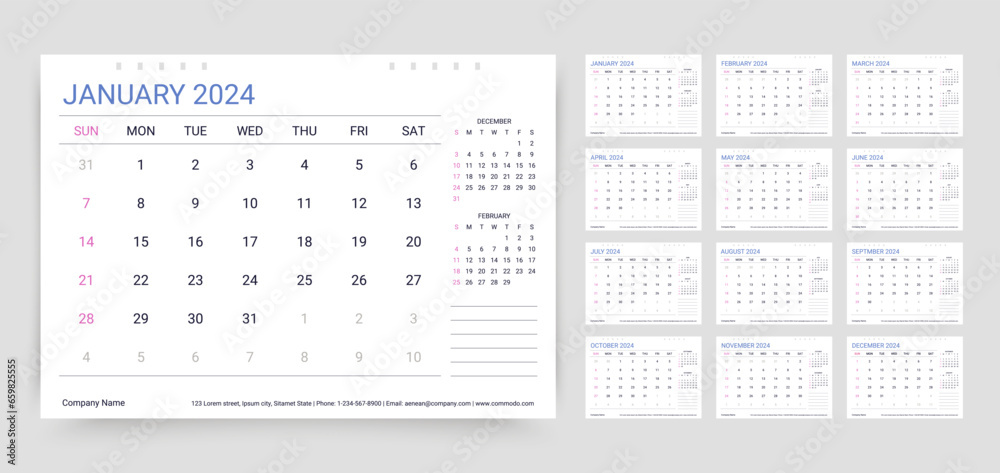 2024 calendar. Planner template. Yearly calender organizer. Week starts ...