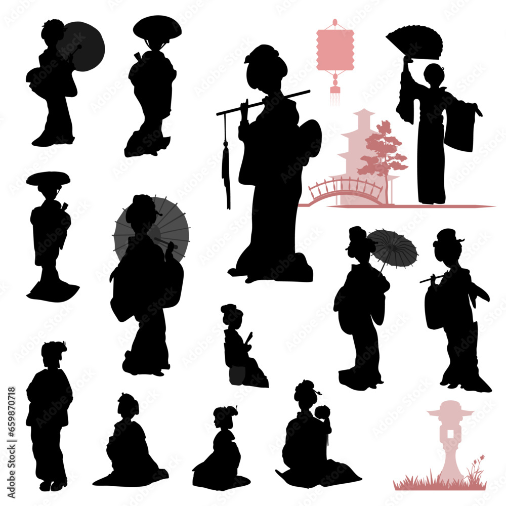 Silhouettes of japanese objects, women in kimono and scenes with ...