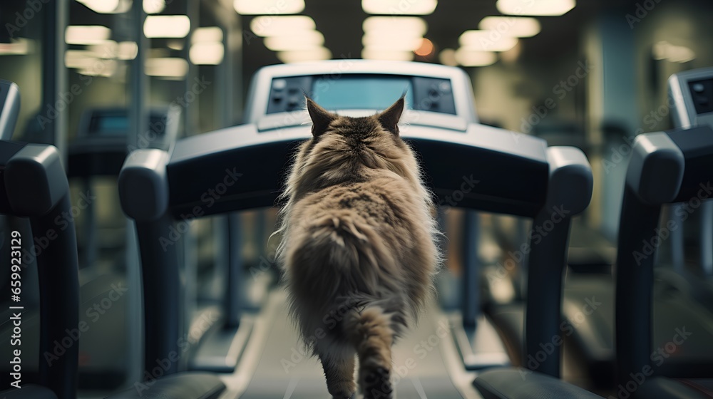 Cat in a gym fitness center, engaging in workout routine. Funny ...