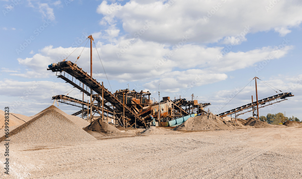 Sand quarry factory banner, Industrial plant with belt conveyor in open ...