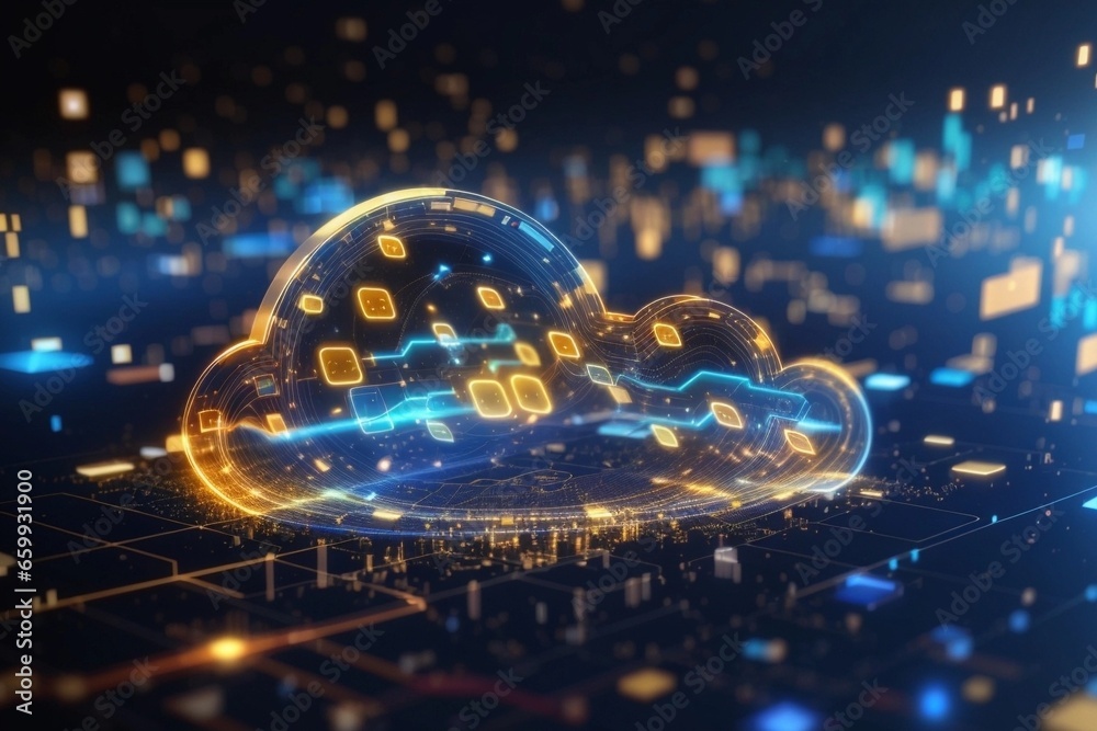 Digital informational technology web futuristic hologram with cloud icon, blue golden light ...