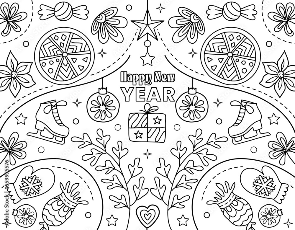 Hand drawing coloring page for kids and adults. Holiday greeting card ...