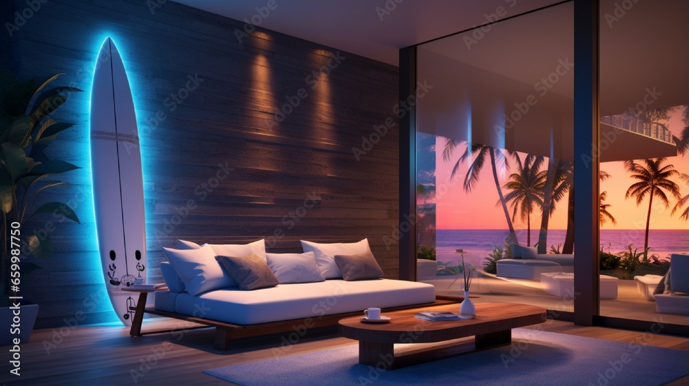 Design a contemporary coastal retreat lounge with a neon-lit surfboard ...
