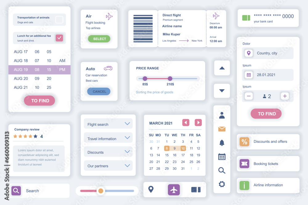 User Interface Elements Set For Booking Mobile App Kit Template With