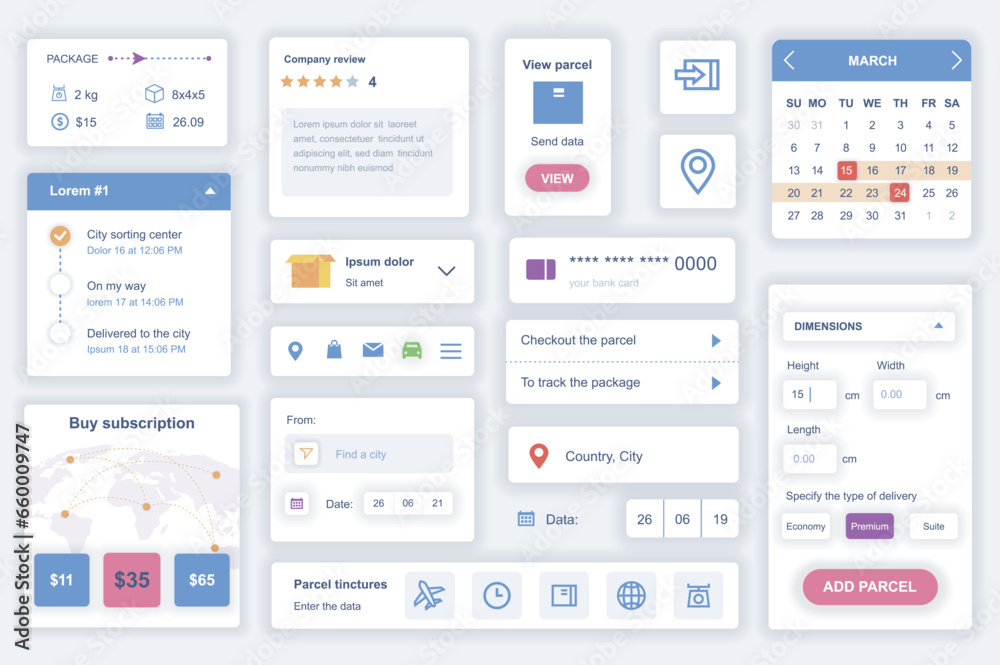 User interface elements set for delivery mobile app. Kit template with HUD diagrams, package ...