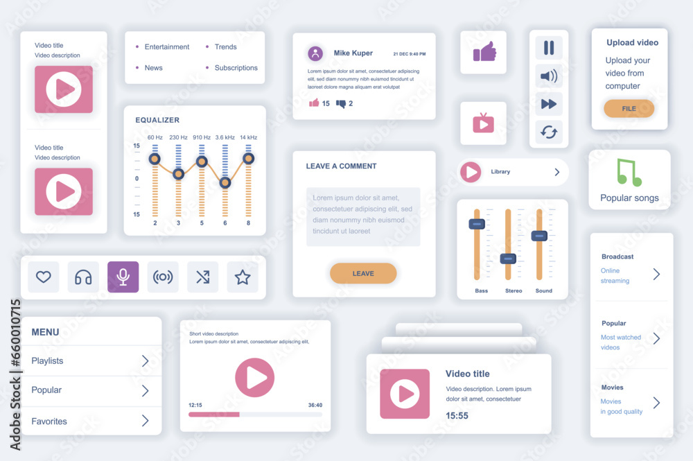 User interface elements set for video tube mobile app. Kit template with HUD diagrams, player ...