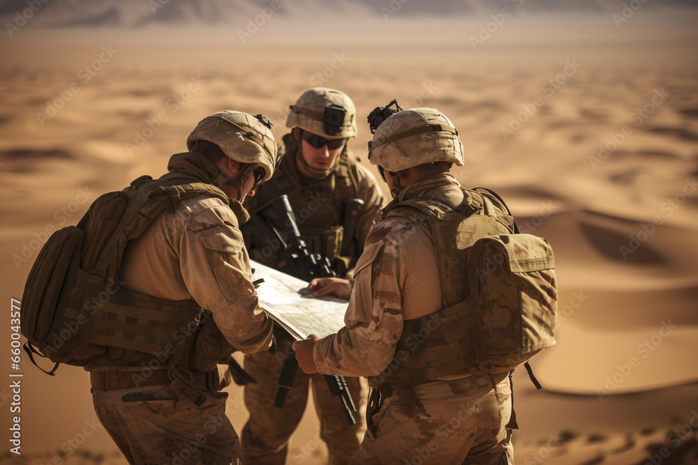 Surrounded by endless sand dunes, a team of soldiers in uniform ...
