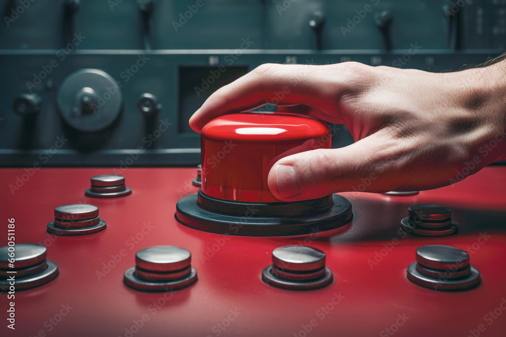 A hand firmly presses the red stop button on the control panel ...