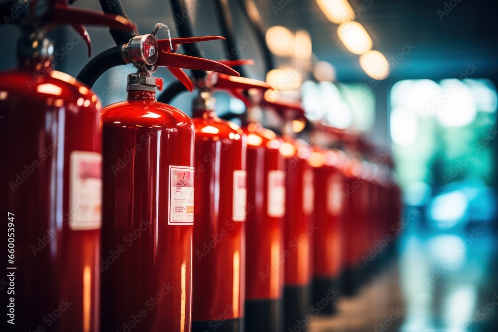 There are a number of red fire extinguishers in the room in case of ...