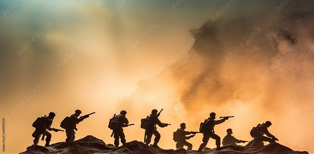 Battle scene. Military silhouettes fighting scene on war fog sky ...