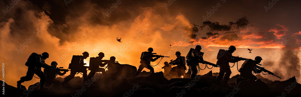 Battle scene. Military silhouettes fighting scene on war fog sky ...