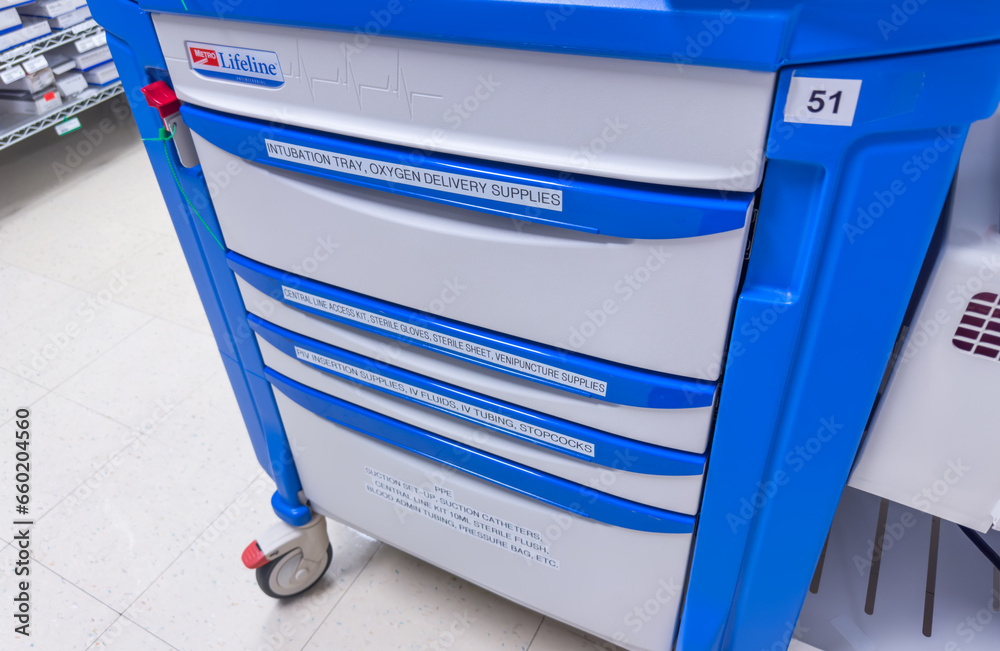 hospital defibrillator AED unit ready for action, symbolizing emergency ...