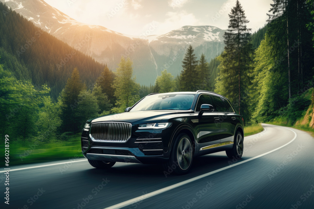 Sunny Day Drive with a Luxurious Black SUV on Curvy Road Through ...