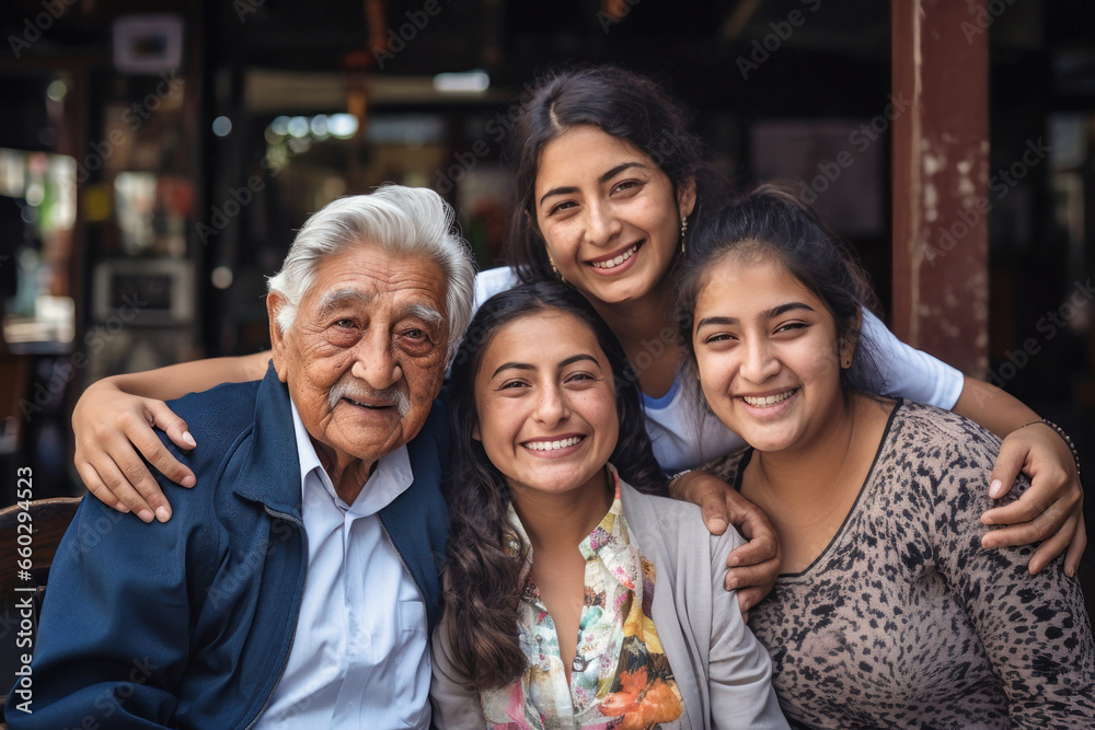 Mexican or Hispanic family together. Family photo of grandfather with ...