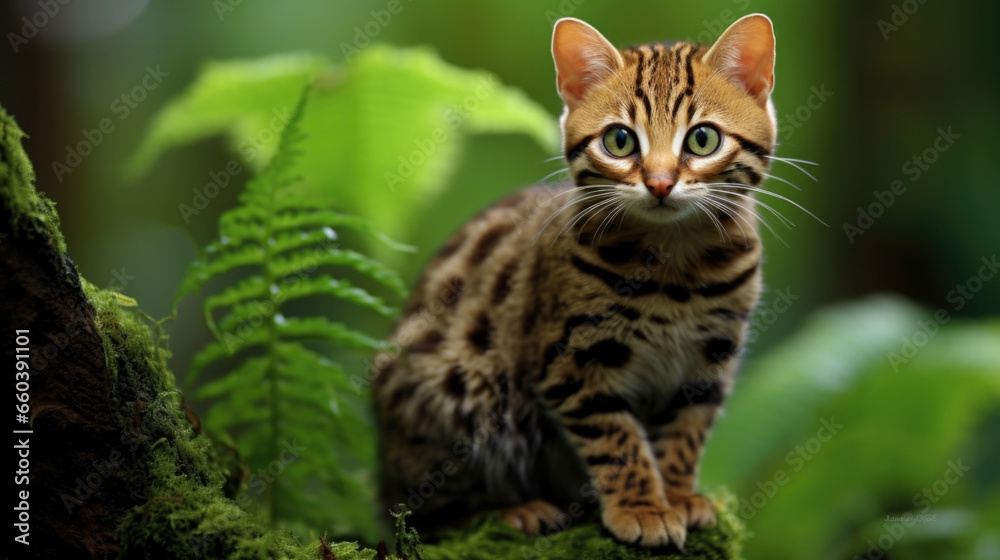Fotografie Rusty-spotted cat stalking her prey in Ceylon nature with ...
