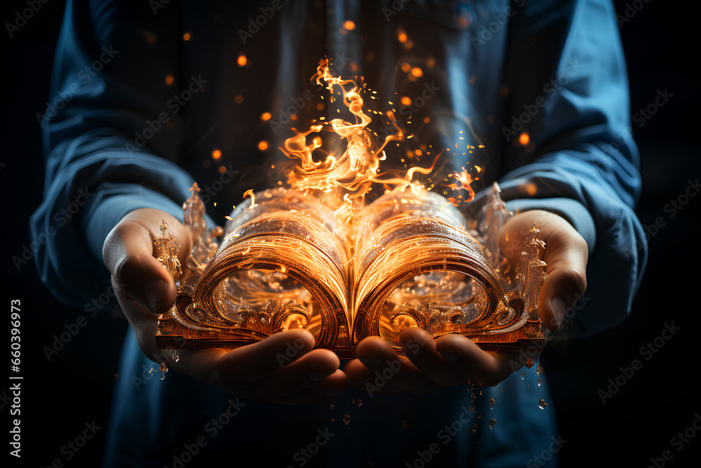 Person holding a illuminating open book, where Arabic calligraphy ...
