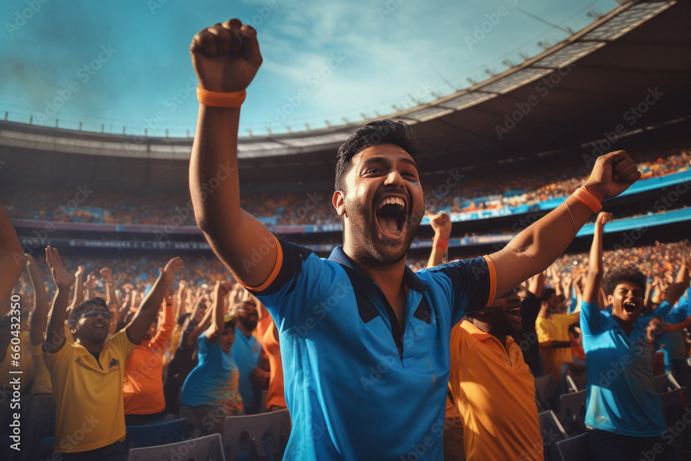 young man and excited audience celebrating and screaming while watching ...