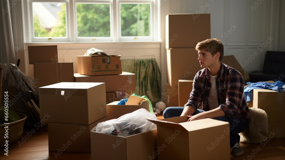stockphoto, copy space, A male college freshman unpacking his things ...