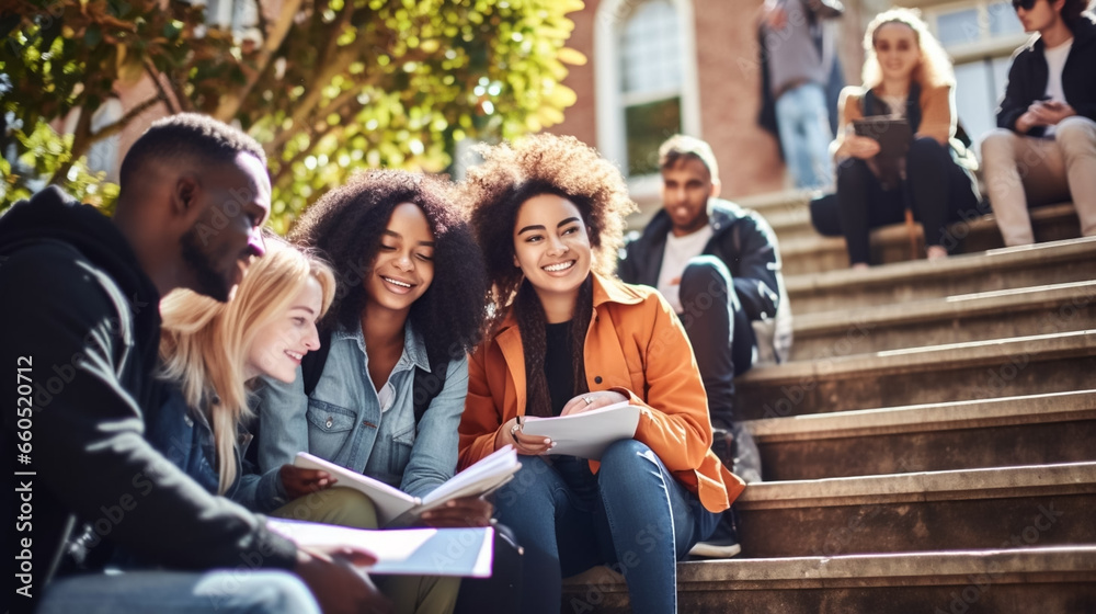 stockphoto, students, bonding or university stairs on college campus ...