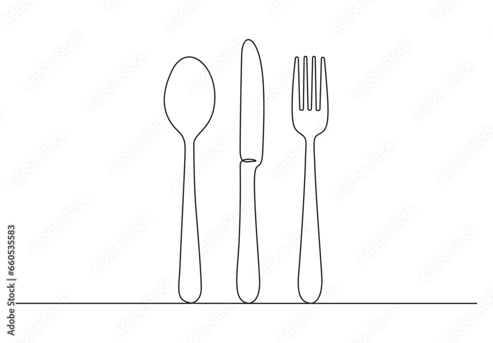 Continuous one line drawing of spoons, forks, knife, eating utensils ...