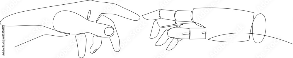 Continuous line drawing of human hand touch robot hand. Artificial ...