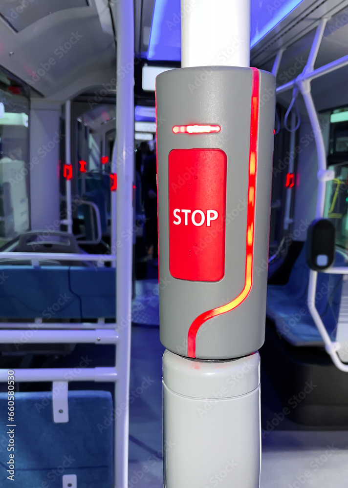Button stop on hand rail. Stop button on city or extra-urban buses ...