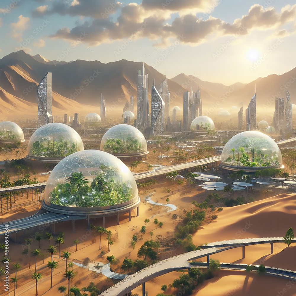 An eco-friendly utopian cityscape, where renewable energy sources are ...