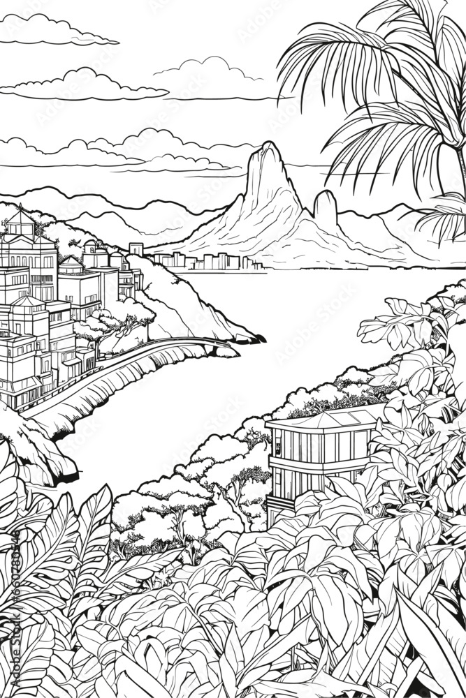 Brazil Rio de Janeiro cityscape black and white coloring page for ...