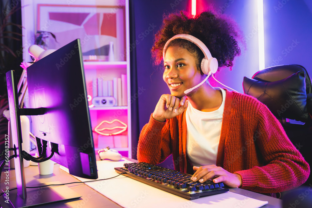 African American girl streamer playing online fighting with Esport ...