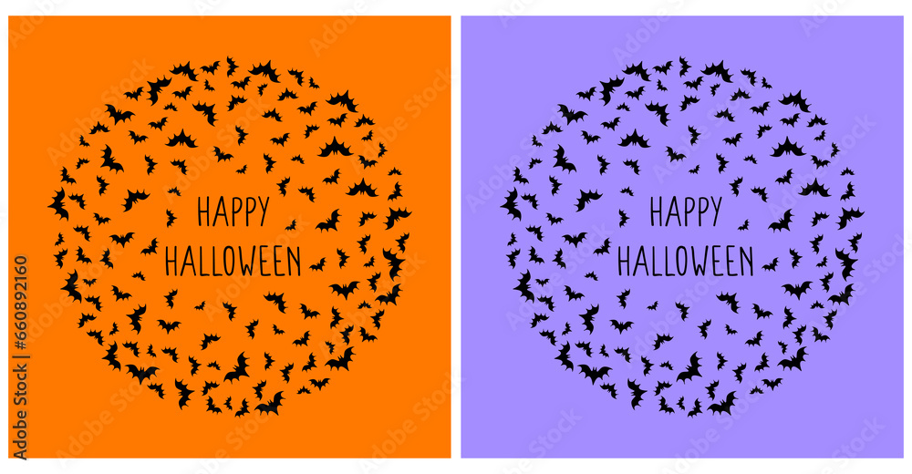 Halloween Vector Card with Black Flying Bats. Round Frame Made of Bats ...