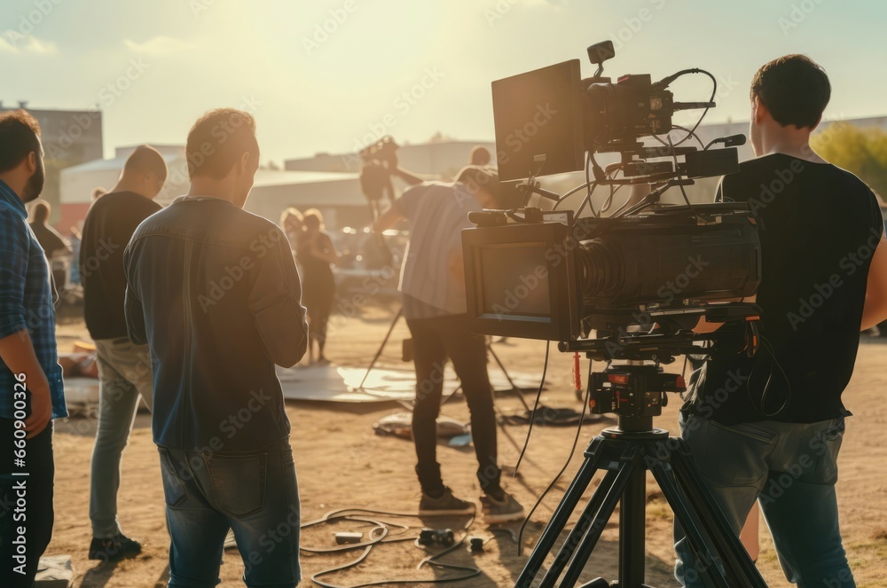 Movie shooting team work. Business film director record new actors ...