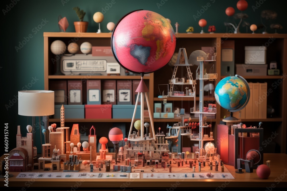 Science fair project display with diagrams, posters, and experiments ...