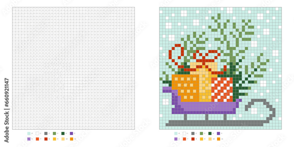 Santa sleigh with presents and christmas tree. Color by number. Pixel ...