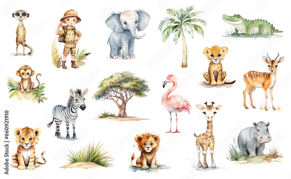 Watercolor big safari set isolated on white. African safari animals ...
