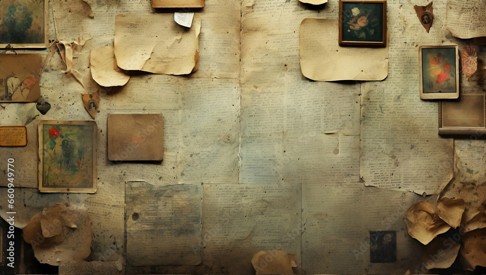 Vintage detective board or wall with clues and sticky papers ...