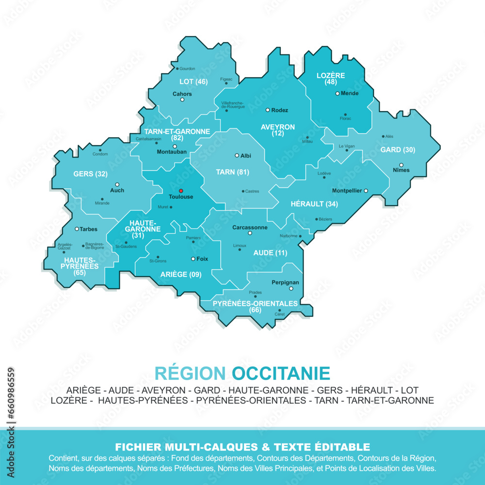 Carte de la région Occitanie, ses départements et ses villes Stock ...
