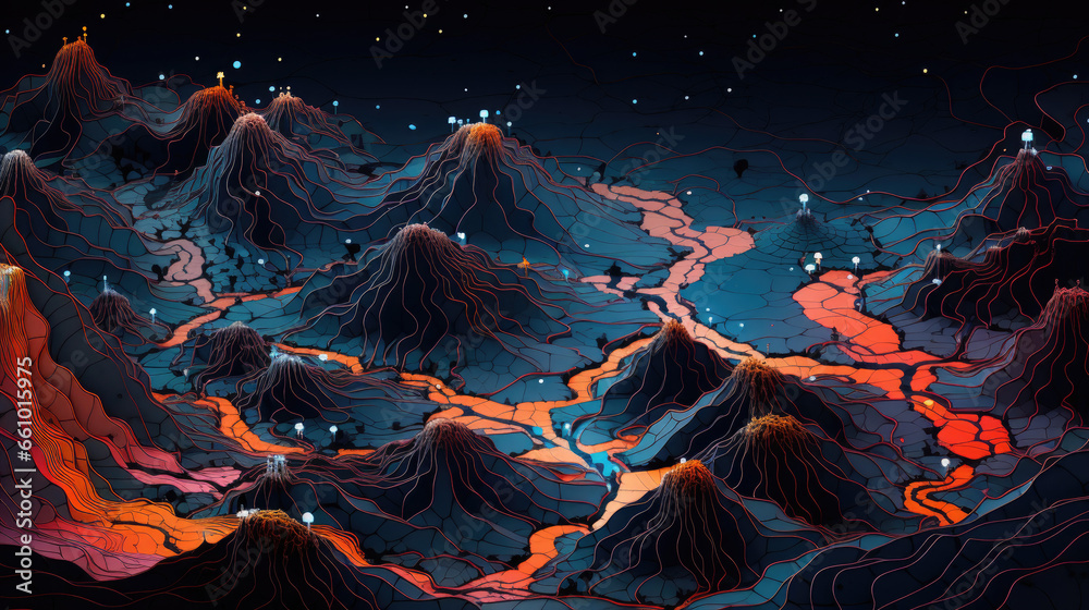 A striking fusion of topographic map contour lines, a cyberpunk color ...