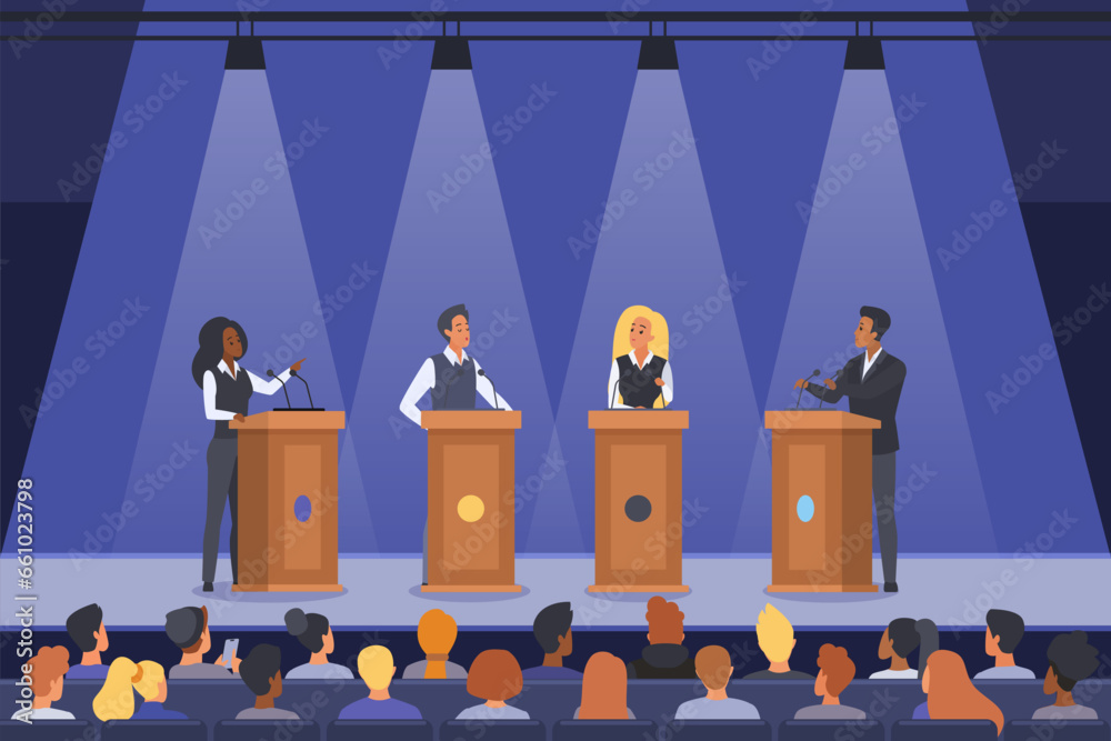 Political debates and speech of speakers on podiums vector illustration ...