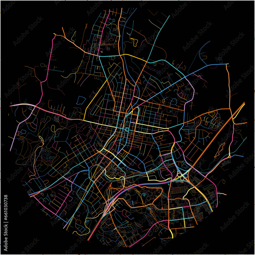 Colorful Map of Harrisonburg, Virginia with all major and minor roads ...