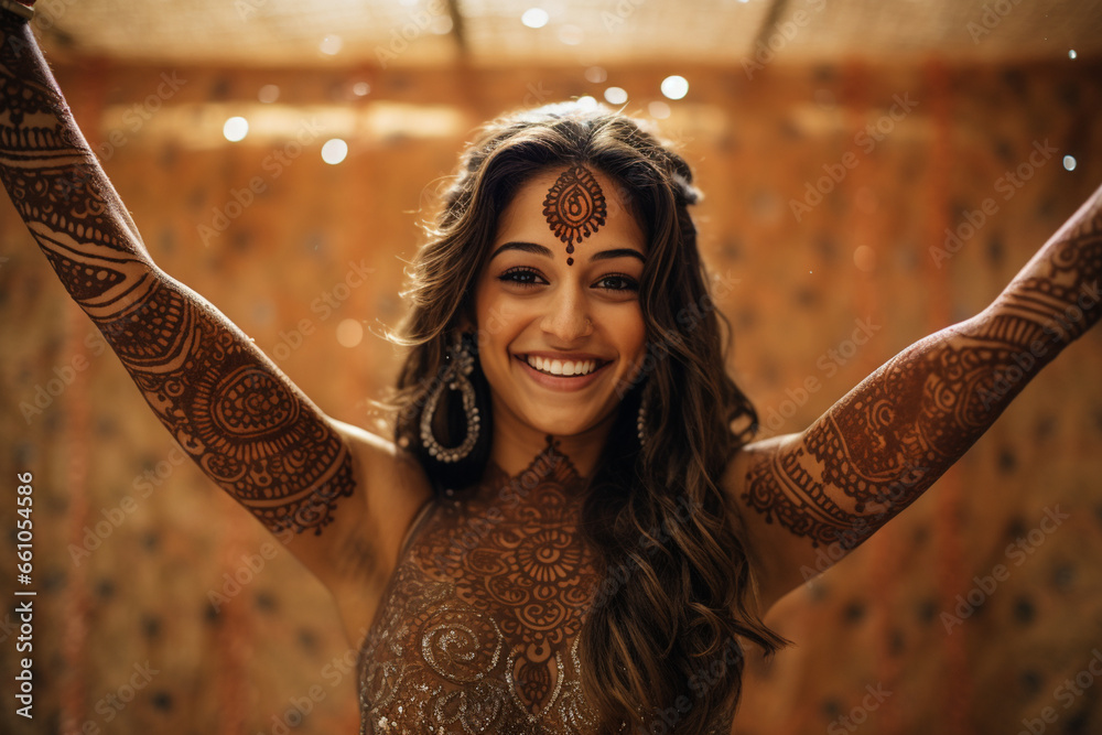 In a traditional henna ceremony, a woman lifts her arms in a ...