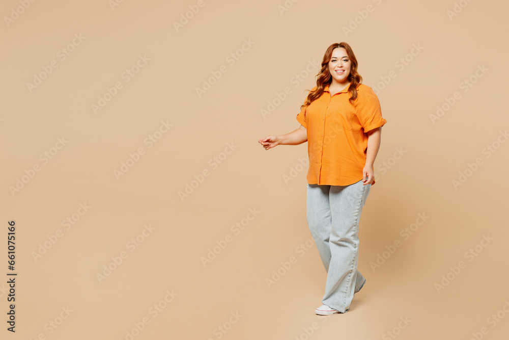 Full body side profile view young ginger chubby overweight woman wear ...