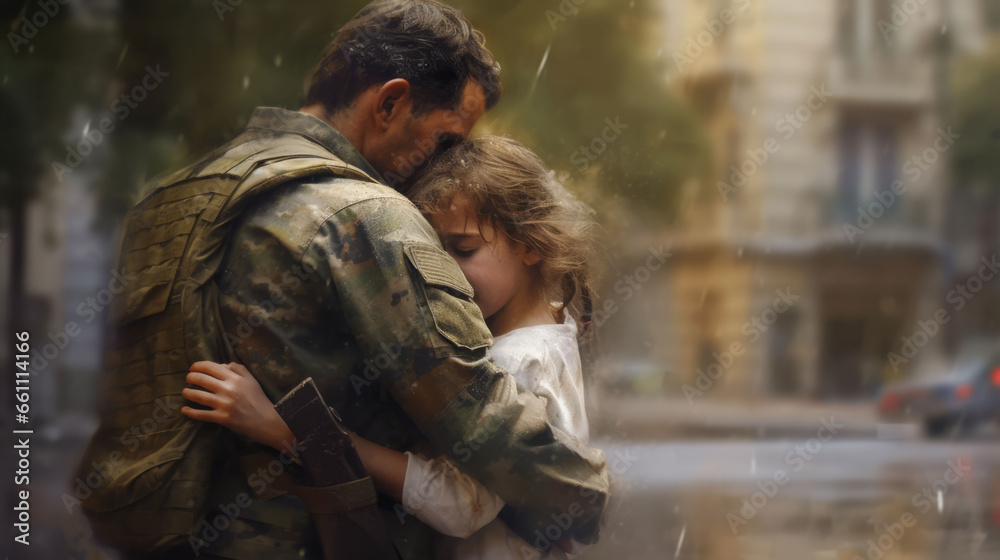 Father in full military uniform He was hugging his daughter to say ...