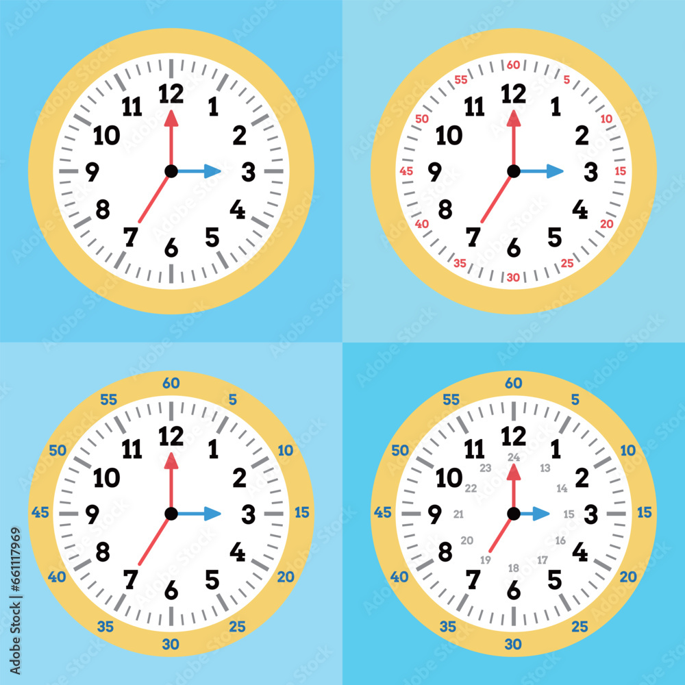 Clock vector illustration with minute hand and hour hand for kids to ...