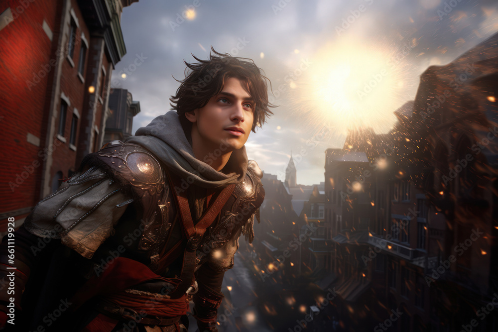 Beautiful medieval boy adventurer cosplay above city. Fairy tale ...