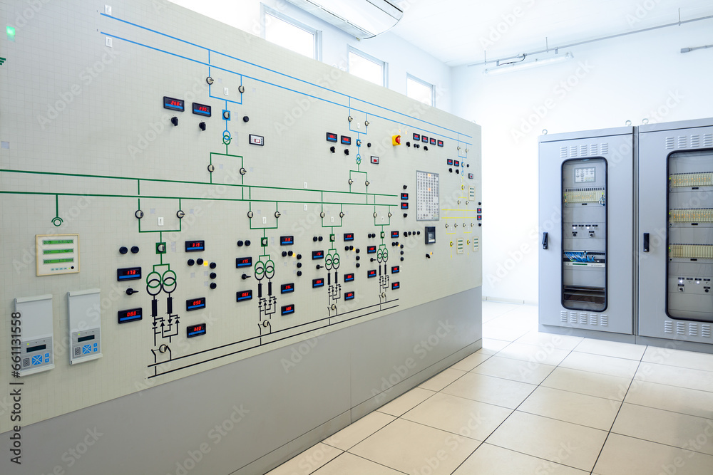 Perspective of an electrical switchgear room Stock Photo | Adobe Stock