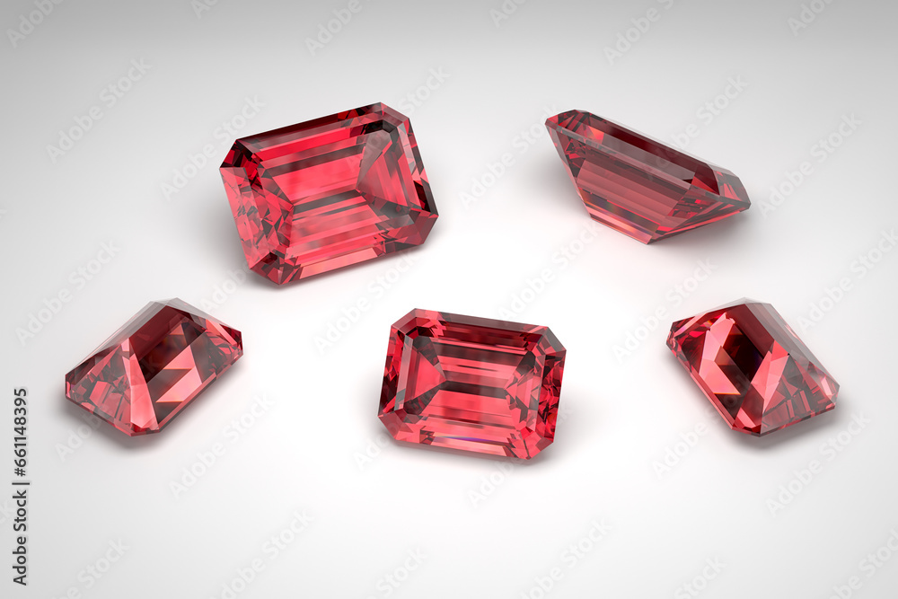 Scattering of rubies of different sizes on a white background ...