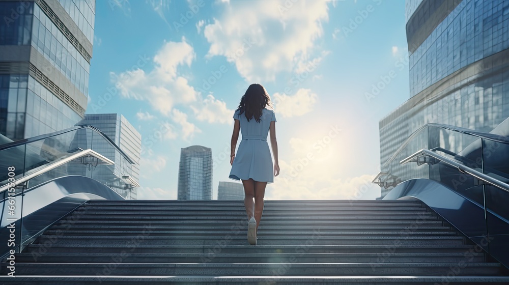 a modern businesswoman's legs as she confidently climbs a staircase in ...