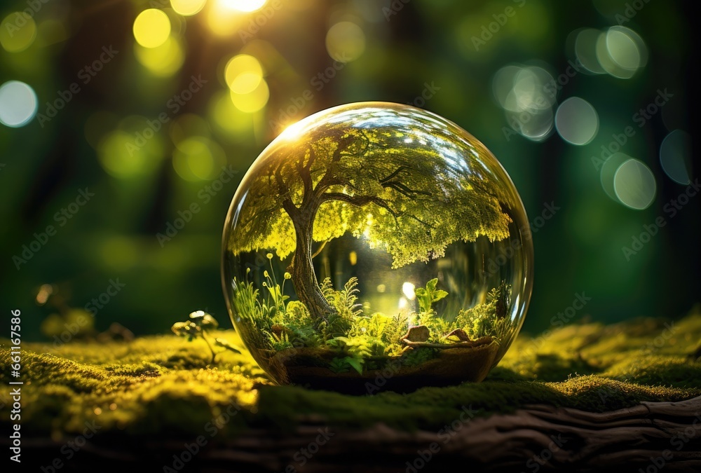 Glass globe encircled by verdant forest flora, symbolizing nature ...