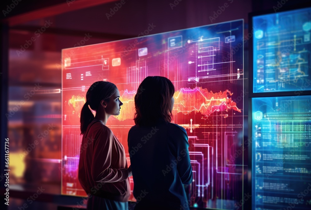 Two business women looking at data in a virtual dashboard screen ...